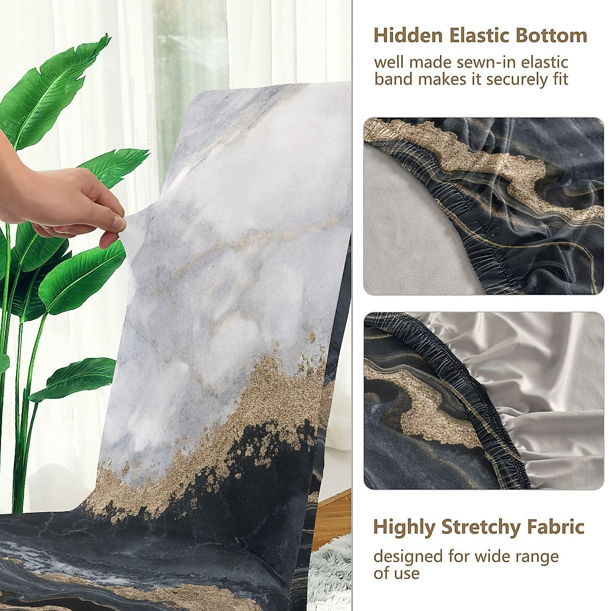 xigua Universal Dining Chair Cover 4-Piece Set, Black White Gold Marble Removable Washable Dining Chair Slipcovers Protective Cover for Home Party Decor