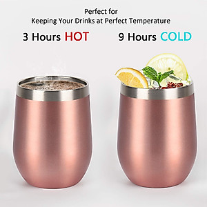 12 Pack Stainless Steel Wine Tumbler with Lid and Straw, 12 Oz Double Wall Vacuum Insulated Stemless Wine Glass Tumbler, Set of 12 Cup for Wine, Coffee, Champagne, Cocktails, Ice Cream, Rose Gold