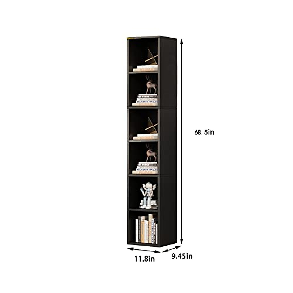 ALISENED 68.5" Tall Narrow Bookshelf, 6 Shelf Wooden Corner Bookcase for Stylish Storage, Modern Skinny Cubes Storage Organizer Display Shelving for Bedroom, Library, Living Room, Home, Office, Black