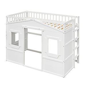 Twin House Loft Bed Frame for Kids, Wood Twin Loft Bed with Windows and Guardrail, Playhouse Bed, Twin Size Loft Bed for Boys & Girls, No Box Spring Needed, Underbed Height is 51 Inches, White