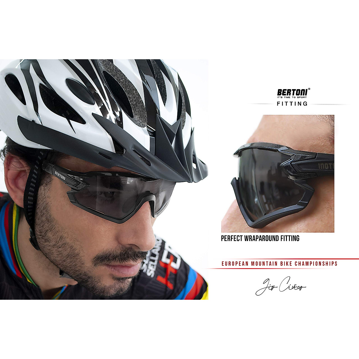 Bertoni Sport Sunglasses Cycling MTB Running Ski Golf Sport Sunglasses Cycling MTB Running Ski Golf Removable Sport Prescription Carrier Included mo mod. QUASAR (Black/Silver Mirror)