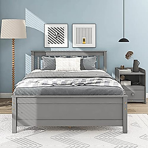 CJLMN 2-Pieces Bedroom Sets with Full Size Platform Bed Frame and Nightstand, Wooden Furniture Sets with Headboard, Footboard and Storage Drawer, for Kids & Teens (Gray)