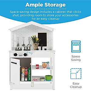 Best Choice Products Farmhouse Play Kitchen Toy, Wooden Pretend Set for Kids w/Chalkboard, Marble Backdrop, Windows, Storage Shelves, 5 Accessories Included - White