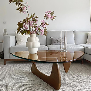 Mid-Century Modern Coffee Table - Triangle Glass Top Natural Wood Base Triangle Coffee Table for Living Room Patio Office Abstract End Tables (Walnut/Brown, Large 45 * 32.3 * 15.7)