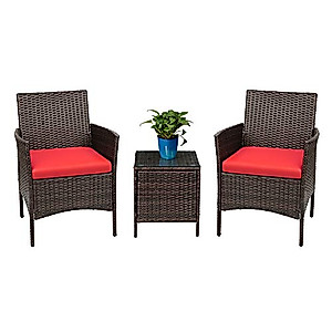 Devoko Patio Porch Furniture Sets 3 Pieces PE Rattan Wicker Chairs with Table Outdoor Garden Furniture Sets (Brown/Red)
