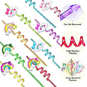 Rainbow Birthday Party Supplies Drinking Plastic Straws 24 for Kids Girls Boys Rainbow Cloud Party Favors Decorations with 2 Cleaning Brushes - Set of 26 (8 Styles)