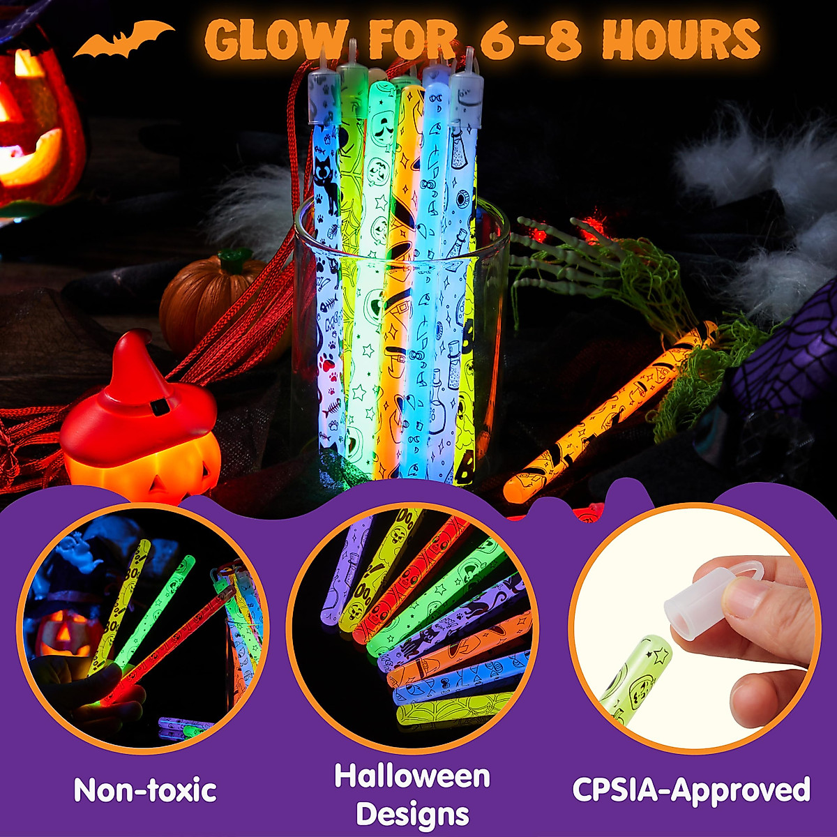 JOYIN 30 Pcs Halloween Glow Sticks Bulk Party Pack, Hanging Wands in 8 Designs, 6 Colors Light Up Sticks for Kids Glow in The Dark Halloween Party Favor Supplies, Halloween Goodie Bag Filler