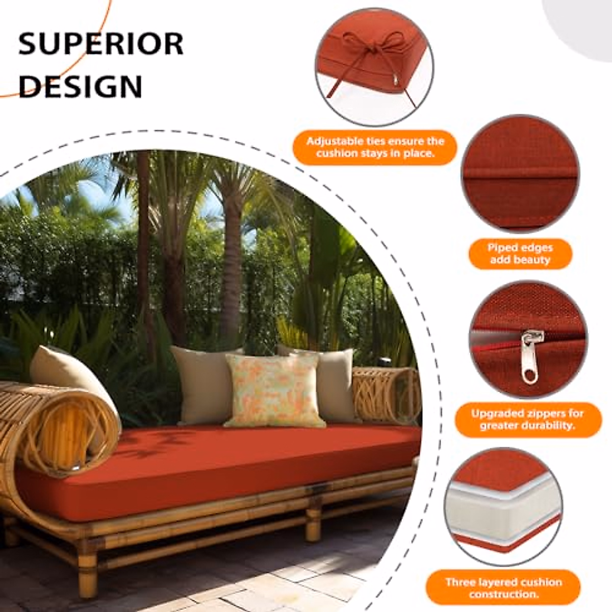 Sundale Outdoor Waterproof Olefin Bench Cushion, 59 x 18 x 4 Inch Outdoor/Indoor Durable Thicken Pad with Adjustable Straps, Patio Garden Sofa Settee Couch Loveseat Cushion (Red)