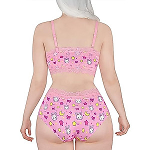 Littleforbig Lacy Trim Women Nightwear Strap Sleepwear Cami Top Shorts Lingerie bralette loungewear Set - Sweet Usagi 3XL Pink