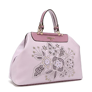 Nicole Lee Cornelia Floral Diamond Embroidered Satchel, Flower Handbag with Optional Crossbody Strap, 3 Compartments (Lavender)