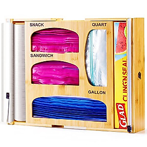 Bamboo 6 In 1 Foil and Plastic Wrap Organizer, Ziplock Bag Organizer/Holder Wrap Dispenser With Slide Cutter, for kitchen Drawer or House Wall Use, for Gallon,Quart,Sandwich Bag etc.