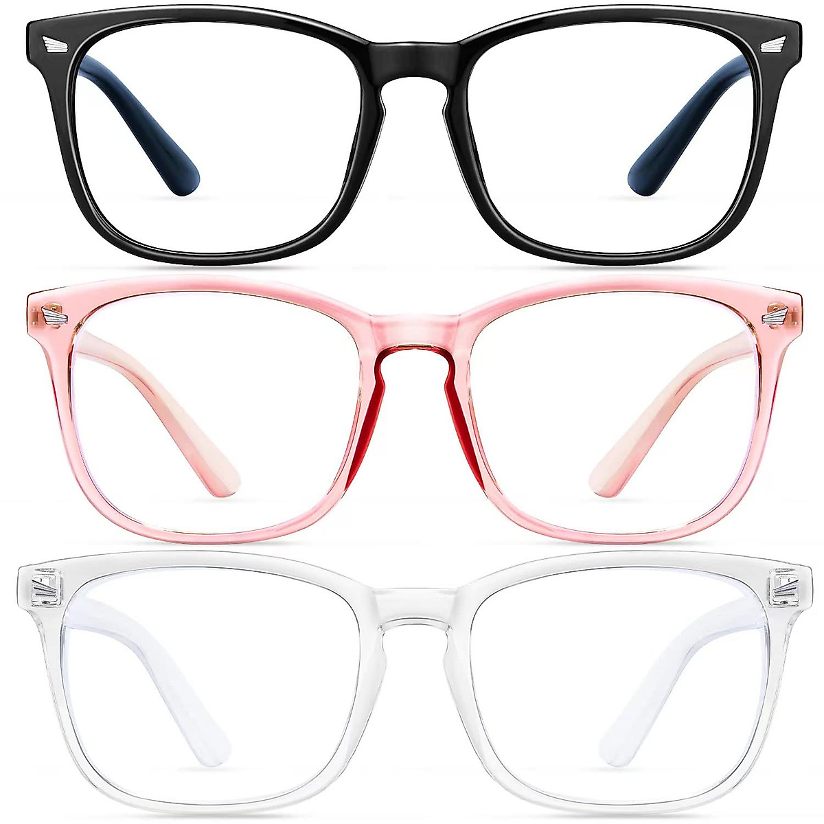 HEALSUN Blue Light Blocking Glasses for women/men 3Pack Computer Reading/Gaming/TV/Phones Glasses Anti Eyestrain (Black + Transparent+pink)