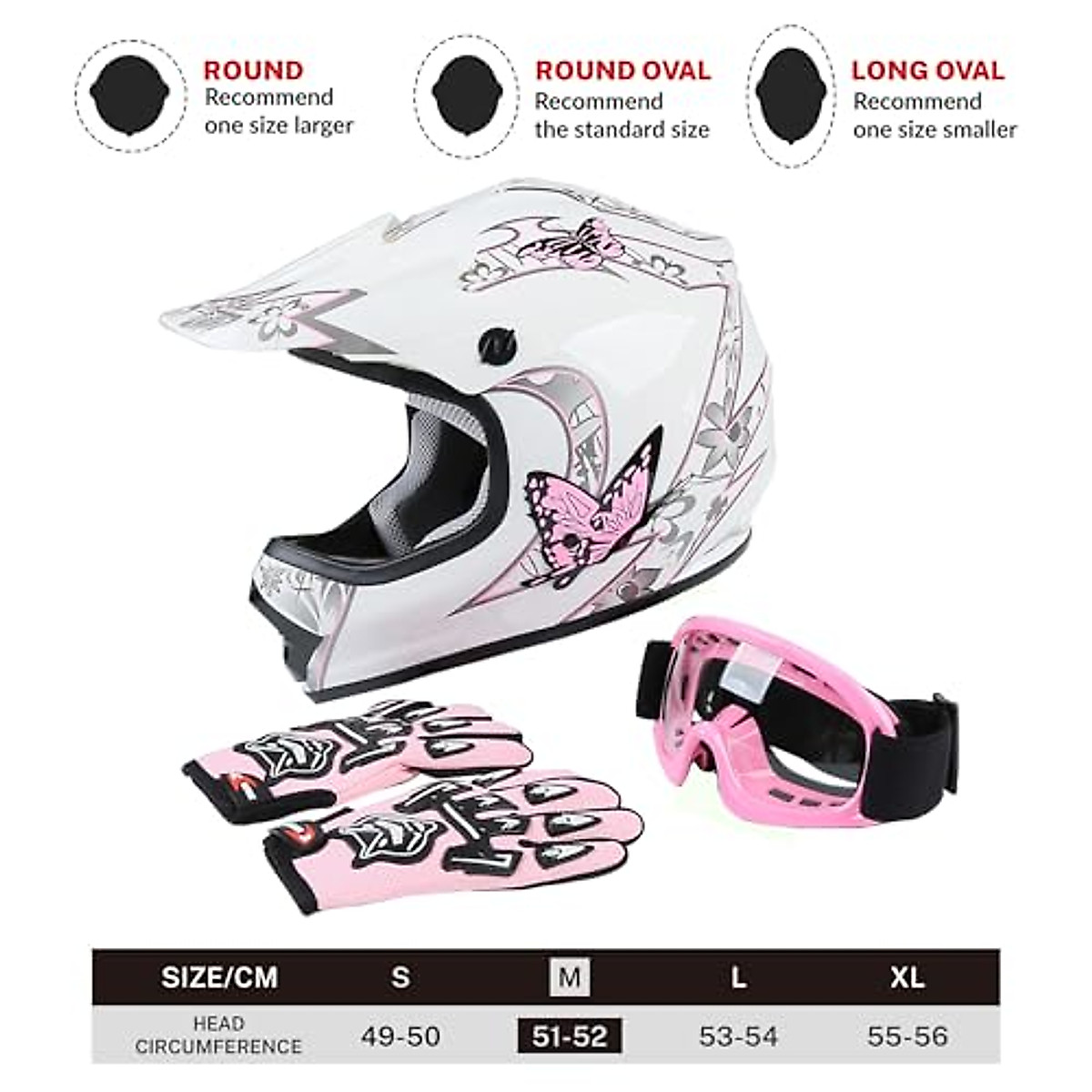 SLMOTO DOT Youth & Kids Motocross Offroad Street Helmet Pink Butterfly Motorcycle Youth Helmet Dirt Bike Motocross ATV Helmet+Goggles+Gloves Medium