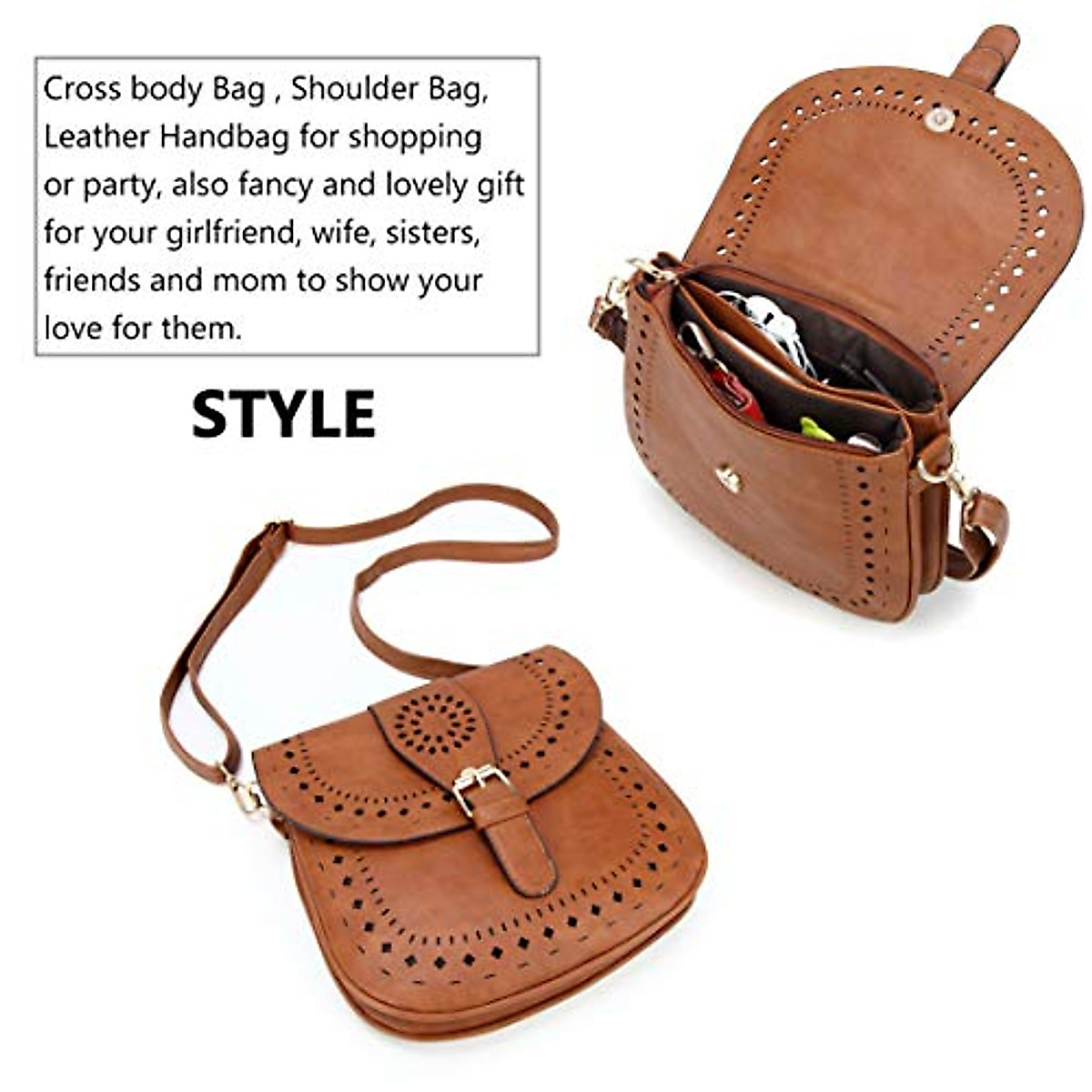 forestfish Ladie's PU Leather Vintage Hollow Bag Crossbdy Bag Shoulder Bag (Brown)