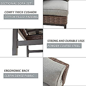 Festival Depot 4-Piece Patio Conversation Set Sectional Corner Sofa Combination Outdoor All-Weather Wicker Metal Armless Chairs for Porch Lawn Garden Balcony Pool Backyard, Brown