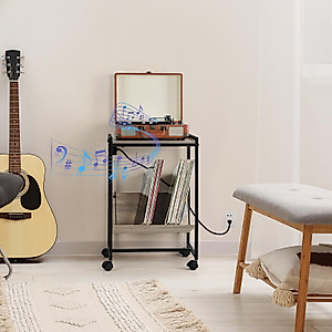 OYEAL Vinyl Record Storage Shelf 2 Tier Record Player Stand with Charging Station Grey Album Storage Rack with Wheels Vinyl Record Display Holder for Living Room Music Room, Grey