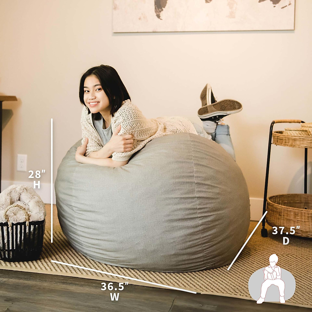 Big Joe Fuf Medium Foam Filled Bean Bag Chair with Removable Cover, Fog Lenox, Durable Woven Polyester, 3 feet Big