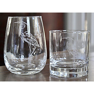 HullSpeed Designs Blue Heron - Set of 2 Stemless Wine Glasses - Laser Engraved