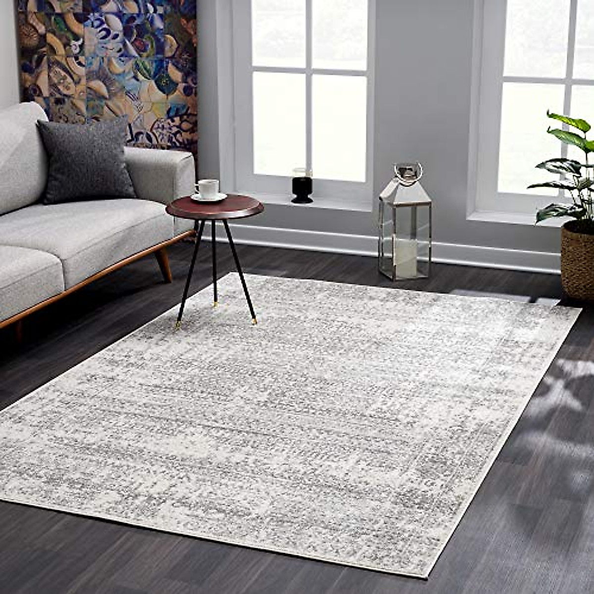 Bloom Rugs Vintage Geometric Cream Gray Area Rug - Boho Distressed 5x7 Rug for Living Room, Bedroom and Kitchen (5'3" x 7'6")