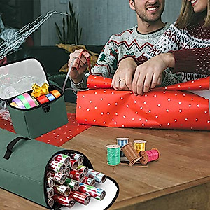 Primode Long Wrapping Paper Storage Bag Hanging | Heavy Duty Christmas Gift Wrap Storage Organizer with Detachable Accessory Tote Durable 600D Oxford (2PC Gift Wrap Case Set) 48"x 10"x 5" (Green)