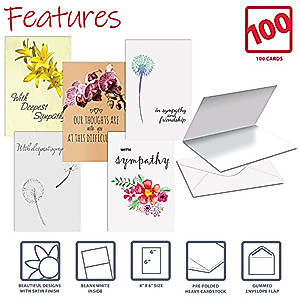 Assorted Sympathy Cards, 100-Pack, 4 x 6 inch, 5 Cover Designs, Blank Inside, by Better Office Products, with Envelopes, 100 Pack