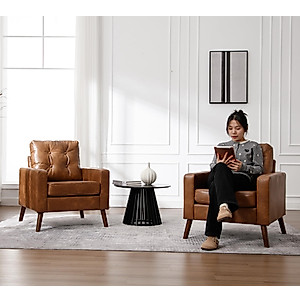 BESTANO Set of 2 Brown Faux Leather Armchair Accent Chairs, Mid Century Modern Button Tufted Accent Chair with Wood Legs, Cozy Armchair Club Chair Single Sofa for for Bedroom Living Room, Caramel