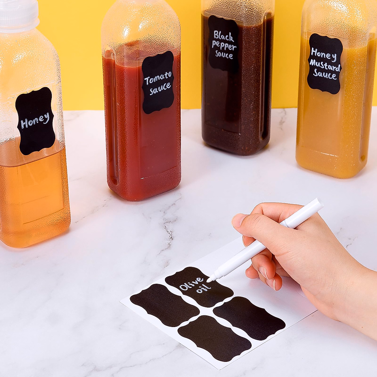 PARBEE 16oz Condiment Squeeze Bottles with Flip Top Lid, 4 Pack Refillable Condiment Containers Ketchup Squeeze Bottles, Leak Proof Dispenser for Syrup Oil BBQ Sauce with Labels & Markers