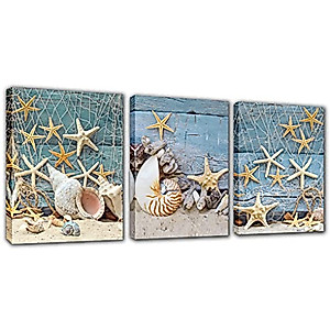 Starfish picture Bathroom wall decor Seashell Canvas Wall Art Artwork for Bedroom Office Living Room Decor 3 Pieces Beach Coastal Conch Nautical Print Woodern Framed Painting Ready to Hang 12x16 inch