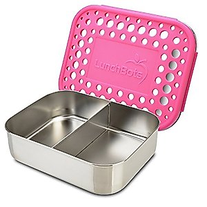 LunchBots Medium Duo Snack Container - Divided Stainless Steel Food Container - Two Sections for Half Sandwich and a Side - Eco-Friendly - Dishwasher Safe - Stainless Lid - Pink Dots