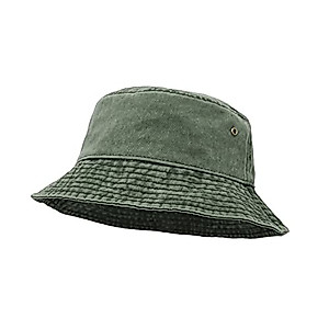 Bucket Hat, Wide Brim Washed Denim Cotton Outdoor Sun Hat Flat Top Cap for Fishing Hiking Beach Sports Army Green