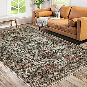 Fashionwu Farmhouse Rug 8 x 10 Vintage Rug Machine Washable Rugs Tribal Boho Rug for Bedroom Living Room Area Rug Printed Traditional Madallion Accent Rug Moroccan Floor Cover Carpet (8' x 10')