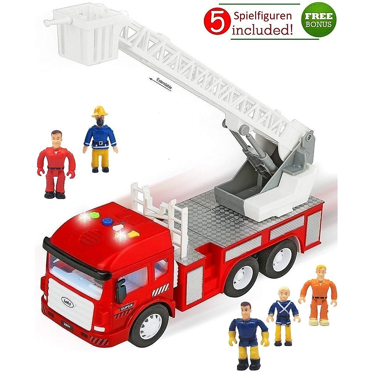 FUNERICA Fire Truck Toy with Flashing Lights, 4 Siren Sounds, Extending Rescue Ladder, Friction Strong Powered Firetruck Engine, Best Firefighter Playset Birthday Gift for Toddlers, Kids, Boys, Girls