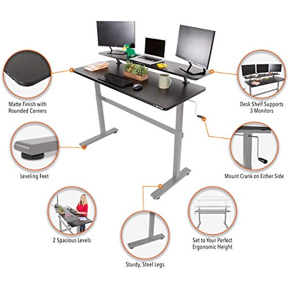Stand Steady Tranzendesk 55 in Standing Desk with Clamp On Shelf | Easy Crank Height Adjustable Stand Up Workstation w/Attachable Monitor Riser | Holds 3 Monitors & Adds Desk Space (55/Silver Base)