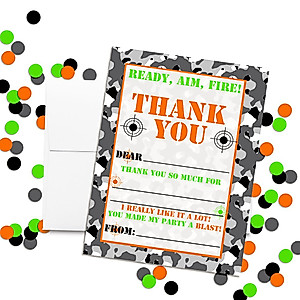 Camouflage Laser Tag Birthday Thank You Notes for Kids, Ten 4" x 5.5" Fill In the Blank Cards with 10 White Envelopes by AmandaCreation