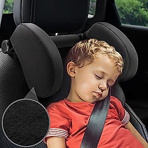 KUNGKIC Car Headrest Pillow,Full Grain Leather,U Shaped Car Seat Adjustable Head Neck Support,Sleeping Travel Car Pillow,Sleep Cushion Car Side Pillow for Kids Adults Elders (Black)