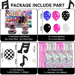 50s Party Decorations - Music Birthday Party Supplies Backdrop Banner- Paper Dinner Dessert Plates Tinsel Curtains Tablecloth Balloons 50's Music Theme Birthday Party Decorations Party Favors