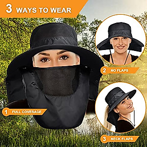 Audoyon Fishing Hat - Sun Hat for Women & Men - UV Protection Ponytails Hat, Wide-Brimmed Hats with Face & Neck Flap (Black)