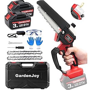Mini Chainsaw 6-Inch Battery Powered - GardenJoy Cordless Power Handheld Chainsaw with 2 Batteries and Fast Charger, 21V Portable Small Electric Chain Saws for Tree Trimming Wood Cutting