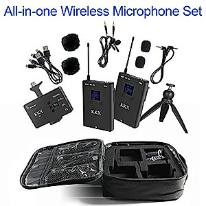 KKX UHF Wireless Lavalier Microphone System Professional Dual Transmitters Wireless Lapel Mic System Compatible with iPhone, DSLR Camera, Camcorder, Conference, Interview & YouTube