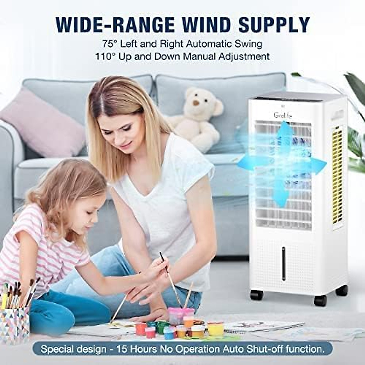 Grelife Portable Evaporative Air Cooler, 3-IN-1 Oscillation Air Cooler with Fan & Humidifier, LE-AC001, White
