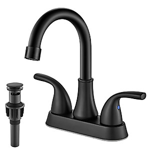Cinwiny Bathroom Sink Faucet 4 Inch 2 Handle Bathroom Faucet 360° Swivel Spout Deck Mounted Vanity Faucet with Water Supply Hoses,Matte Black,with Pop up Drain