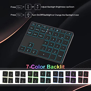 LINKEET Tri-Mode Aluminum Numpad 7-Color Backlit Bluetooth 5.0/Wired USB-C/2.4G Wireless Number Pad Slim 35-Key Rechargeable Numeric Keypad External Keyboard Num Pad for Laptop, Mac - Black Grey