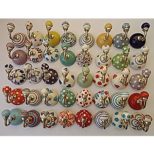 ZOYA - CERAMIC KNOBS Assorted Ceramic Hooks Handpainted Hooks Decorative Hooks Kitchen Wall Hooks Batheroom Hooks Coat Hangers Towel Hanger Colorfull Hooks (10 Hooks, Mix Color 2)