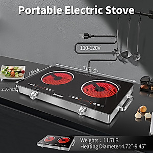 Karinear 2 Burner Electric Cooktop 110V, Portable Electric Stove with Handle, Knob Control Electric Hot Plate, Ceramic Infrared Countertop Burner, Timer, Safety Lock, 9 Power Level, 2000W, 24 inch