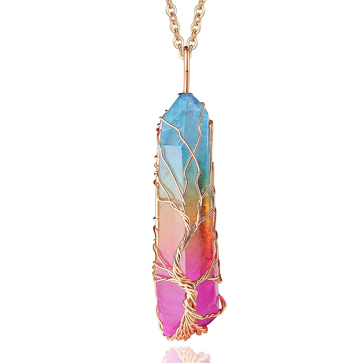 MAIBAOTA Chakra Necklace Life Tree Necklaces for Women Rainbow Necklace Natural Crystal Necklace Rold Plated Wire Wrapped Stone Pendant Necklace
