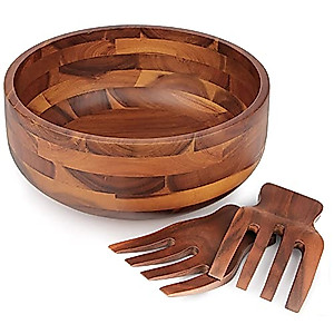 AIDEA Acacia Wood Salad Bowl Set with 2 Wooden Hands, Large Salad Bowl with Serving Utensils, Big Mixing Bowl for Fruits, Salad, Cereal, Corn flake,Pasta 11" Diameter x 4.5" Height