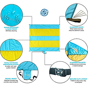 AQUATUS Premium XXL Beach Blanket Sandproof Water Resistant Quick Dry Mat 10ft by 9ft for 1-8 Adults with 4 Metal Stakes, 4 Corner Pockets, Secure Clip and Strap, and Attached Bag