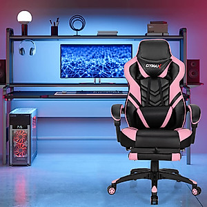 GYMAX Gaming Chair, Ergonomic Computer Chair with Footrest, Linkage Armrests & Lumbar Cushion, Big Wide High Back Video Gaming Chair, Reclining Office Rolling Chair for Adult/Teens (Pink)