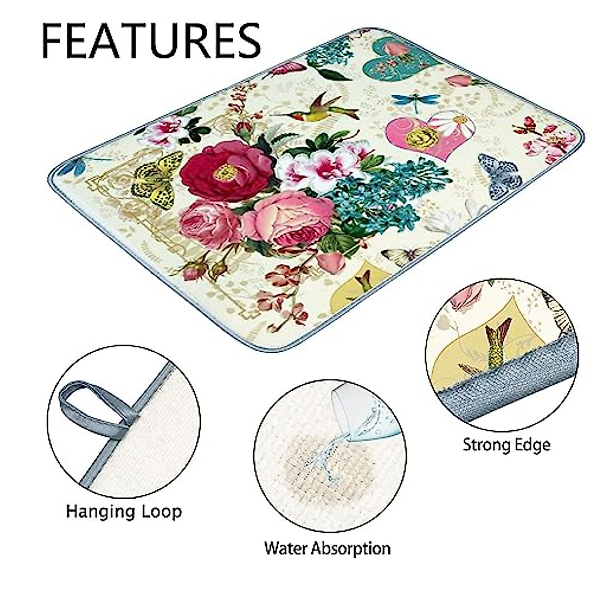 Dish Drying Mats for Kitchen Counter, TOPCARPENTER 18*24 inch Spring Flower& Hummingbirds Dish Drainer Mat, Ultra Absorbent Microfiber Dish Drying Pad for Kitchen Counter Coffee Bar