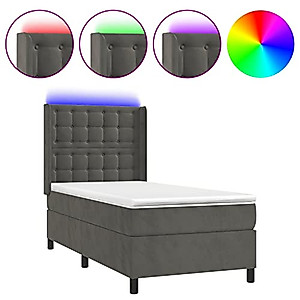 vidaXL Box Spring Bed with Mattress and LED Bedroom Upholstered Single Bed Frame Base Mattress Protector Foam Topper Furniture Dark Gray Twin Velvet